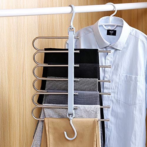 Space Saving Pants Hangers, 6 Layers Stainless Steel Rack Hanger, Non-Slip 6 in 1 Multifunctional Trouser Rack (White)