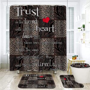 gudaguu 4 pcs leopard print bathroom shower sets includes brown shower curtain bath rug u shape mat toilet seat cover and hooks, 71 inch size long bathroom accessories decor