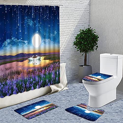 AXISRC Two White Geese Oil Painting Shower Curtains Sets 3D Beautiful Animal Landscape Bathroom Curtain Non Slip Bath Mats Rugs Toilets 71x71inches