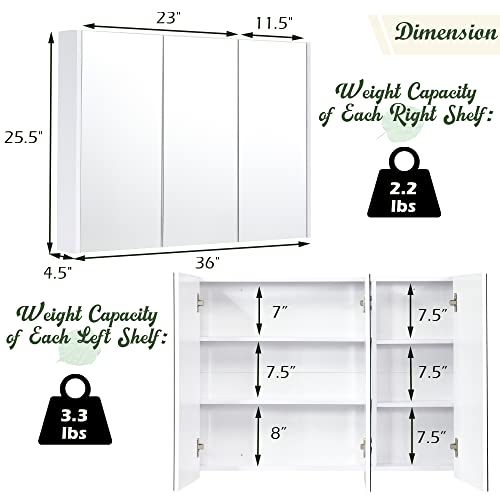 GLACER Large Mirrored Medicine Cabinet, Bathroom Wall Mounted Storage Cabinet with Triple Mirrored Doors and Adjustable Shelves, Ideal for Bathroom, Living Room, 36 x 4.5 x 25.5 inches (White)