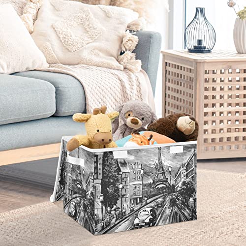 Krafig Oil Painting Eiffel Tower Black Foldable Storage Box Large Cube Organizer Bins Containers Baskets with Lids Handles for Closet Organization, Shelves, Clothes, Toys