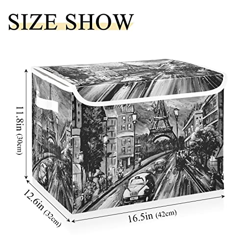 Krafig Oil Painting Eiffel Tower Black Foldable Storage Box Large Cube Organizer Bins Containers Baskets with Lids Handles for Closet Organization, Shelves, Clothes, Toys