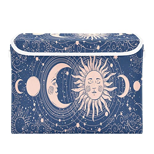 Krafig Boho Gold Sun Moon Stars Foldable Storage Box Large Cube Organizer Bins Containers Baskets with Lids Handles for Closet Organization, Shelves, Clothes, Toys