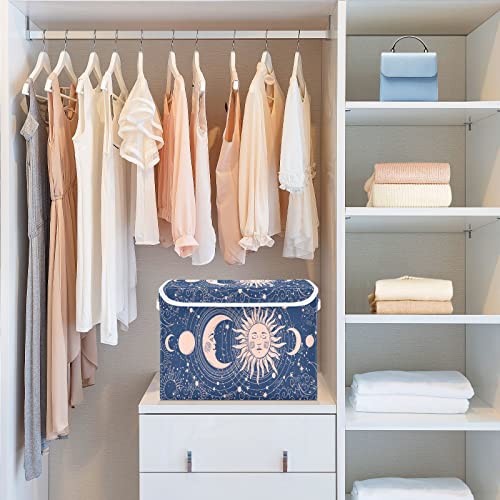 Krafig Boho Gold Sun Moon Stars Foldable Storage Box Large Cube Organizer Bins Containers Baskets with Lids Handles for Closet Organization, Shelves, Clothes, Toys