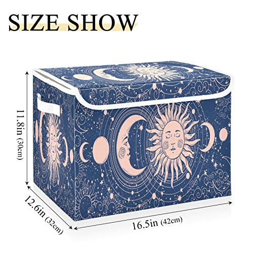 Krafig Boho Gold Sun Moon Stars Foldable Storage Box Large Cube Organizer Bins Containers Baskets with Lids Handles for Closet Organization, Shelves, Clothes, Toys