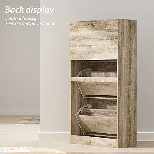 DiDuGo Shoe Cabinet with 3 Mirrored Flip Drawers, Slim Shoe Storage Cabinet for Entryway Brown (22.4”W x 9.6”D x 42.1”H)