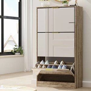 DiDuGo Shoe Cabinet with 3 Mirrored Flip Drawers, Slim Shoe Storage Cabinet for Entryway Brown (22.4”W x 9.6”D x 42.1”H)