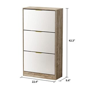 DiDuGo Shoe Cabinet with 3 Mirrored Flip Drawers, Slim Shoe Storage Cabinet for Entryway Brown (22.4”W x 9.6”D x 42.1”H)