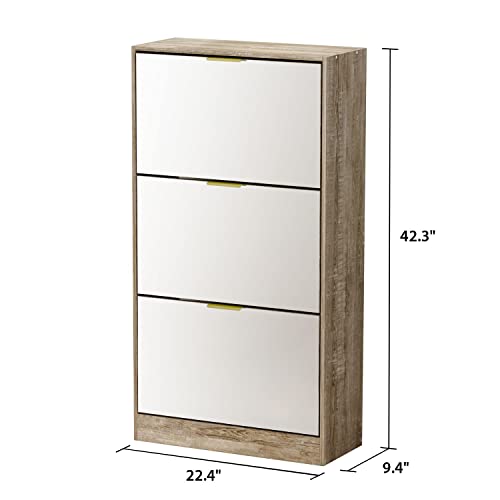 DiDuGo Shoe Cabinet with 3 Mirrored Flip Drawers, Slim Shoe Storage Cabinet for Entryway Brown (22.4”W x 9.6”D x 42.1”H)