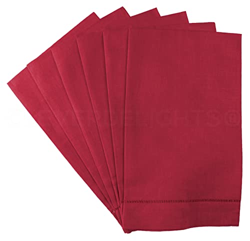 CleverDelights Red Hemstitched Hand Towels - 6 Pack - 14" x 22" - 55/45 Linen Cotton Blend