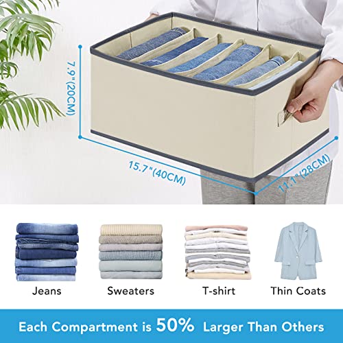 Baesyhom 6 Pcs Large Size Wardrobe Clothes Organizers 6 Grids for Pants, Jeans, Sweater, T-shirt, Thin Coat, Dress Stackable Closet Drawer Organizer Storage Bin with Sturdy Handles, Grey & Beige