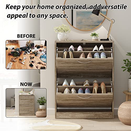 AGOTENI Shoe Cabinet with 2 Flip Drawers, Shoe Storage Organizer with 2-Tier Shelf for Entryway, Freestanding Shoe Rack Storage Organizer (Natural)