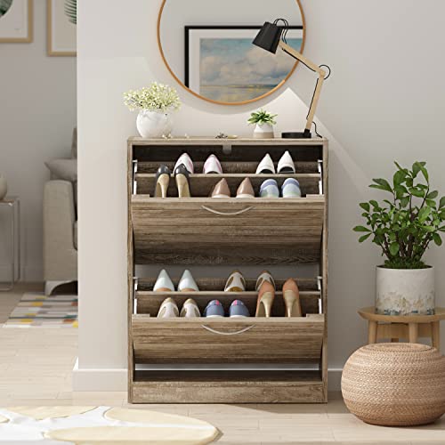 AGOTENI Shoe Cabinet with 2 Flip Drawers, Shoe Storage Organizer with 2-Tier Shelf for Entryway, Freestanding Shoe Rack Storage Organizer (Natural)