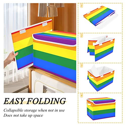 Krafig Novelty Rainbow Flag Foldable Storage Box Large Cube Organizer Bins Containers Baskets with Lids Handles for Closet Organization, Shelves, Clothes, Toys