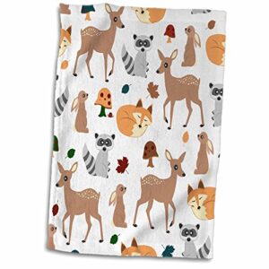 3d rose woodland animals pattern-fawn fox raccoon rabbit hand towel, 15" x 22"