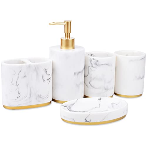 5-Piece Bathroom Counter Top Accessory Set - Dispenser for Liquid Soap or Lotion, Soap Dish, Toothbrush Holder and 2 Tumblers, Gold Base, Marble Pattern Resin (White)