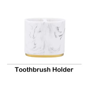 5-Piece Bathroom Counter Top Accessory Set - Dispenser for Liquid Soap or Lotion, Soap Dish, Toothbrush Holder and 2 Tumblers, Gold Base, Marble Pattern Resin (White)