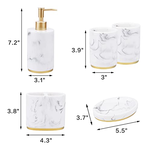 5-Piece Bathroom Counter Top Accessory Set - Dispenser for Liquid Soap or Lotion, Soap Dish, Toothbrush Holder and 2 Tumblers, Gold Base, Marble Pattern Resin (White)