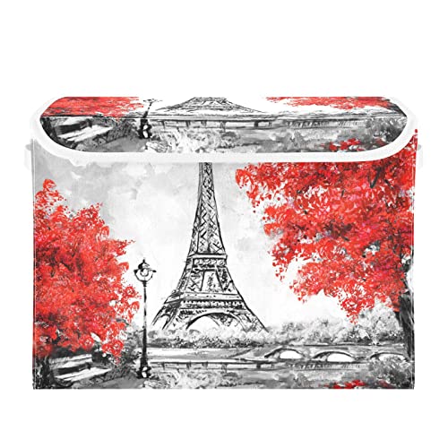 Krafig Abstract Art Paris Eiffel Tower Foldable Storage Box Large Cube Organizer Bins Containers Baskets with Lids Handles for Closet Organization, Shelves, Clothes, Toys