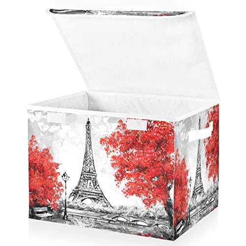 Krafig Abstract Art Paris Eiffel Tower Foldable Storage Box Large Cube Organizer Bins Containers Baskets with Lids Handles for Closet Organization, Shelves, Clothes, Toys