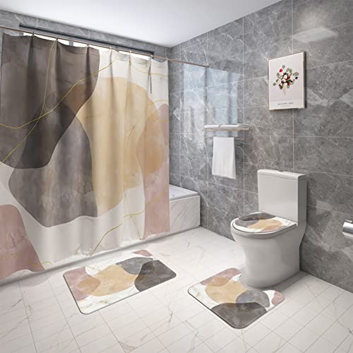 Bathroom Set with Shower Curtain and Rugs Non-Slip Bath Mat Toilet Lid Cover 12 Hooks Abstract Block 4-Piece Decor Accessories