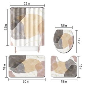 Bathroom Set with Shower Curtain and Rugs Non-Slip Bath Mat Toilet Lid Cover 12 Hooks Abstract Block 4-Piece Decor Accessories