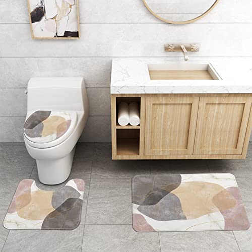 Bathroom Set with Shower Curtain and Rugs Non-Slip Bath Mat Toilet Lid Cover 12 Hooks Abstract Block 4-Piece Decor Accessories