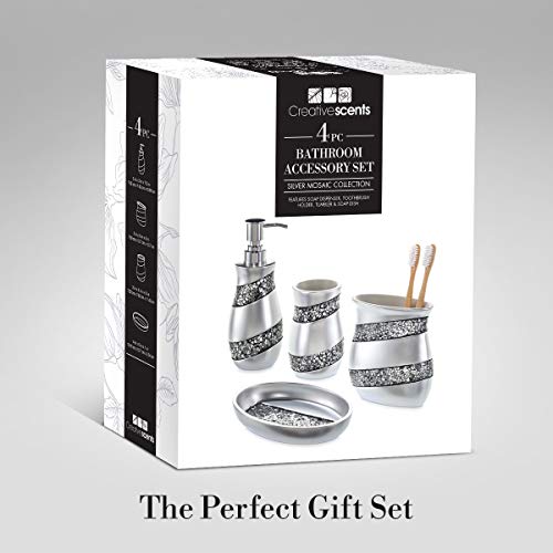 Creative Scents Grey Bathroom Accessories Set - 4 Piece Silver Mosaic Glass Luxury Bathroom Gift Set, Includes Soap Dispenser, Toothbrush Holder, Tumbler & Soap Dish – Finished in Stunning Silver