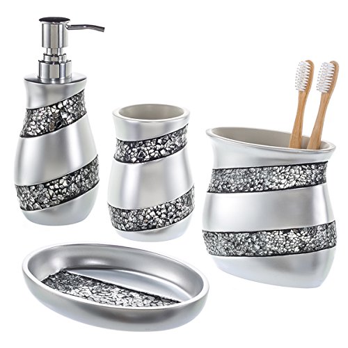 Creative Scents Grey Bathroom Accessories Set - 4 Piece Silver Mosaic Glass Luxury Bathroom Gift Set, Includes Soap Dispenser, Toothbrush Holder, Tumbler & Soap Dish – Finished in Stunning Silver