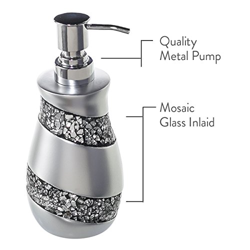 Creative Scents Grey Bathroom Accessories Set - 4 Piece Silver Mosaic Glass Luxury Bathroom Gift Set, Includes Soap Dispenser, Toothbrush Holder, Tumbler & Soap Dish – Finished in Stunning Silver