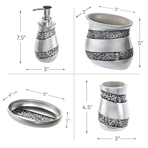 Creative Scents Grey Bathroom Accessories Set - 4 Piece Silver Mosaic Glass Luxury Bathroom Gift Set, Includes Soap Dispenser, Toothbrush Holder, Tumbler & Soap Dish – Finished in Stunning Silver