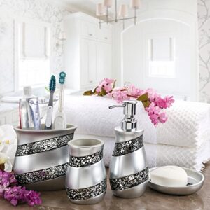 Creative Scents Grey Bathroom Accessories Set - 4 Piece Silver Mosaic Glass Luxury Bathroom Gift Set, Includes Soap Dispenser, Toothbrush Holder, Tumbler & Soap Dish – Finished in Stunning Silver