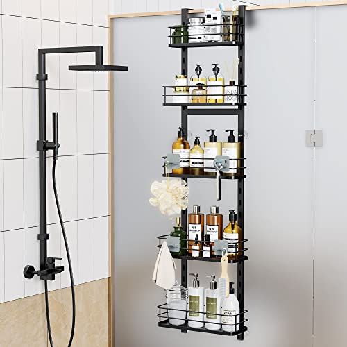 Thideewiz 5 Tier Over the Shower Door Caddy, Adjustable Rustproof Shower Organizer, Black Hanging Shower Storage for Inside Shower