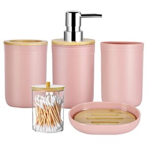 imucci bathroom accessories set 5piece plastic bathroom decor sets accessories, toothbrush holder, toothbrush cup, soap dispenser, soap dish(pink bamboo cover)