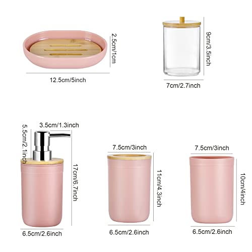 iMucci Bathroom Accessories Set 5Piece Plastic Bathroom Decor Sets Accessories, Toothbrush Holder, Toothbrush Cup, soap Dispenser, soap Dish(Pink Bamboo Cover)