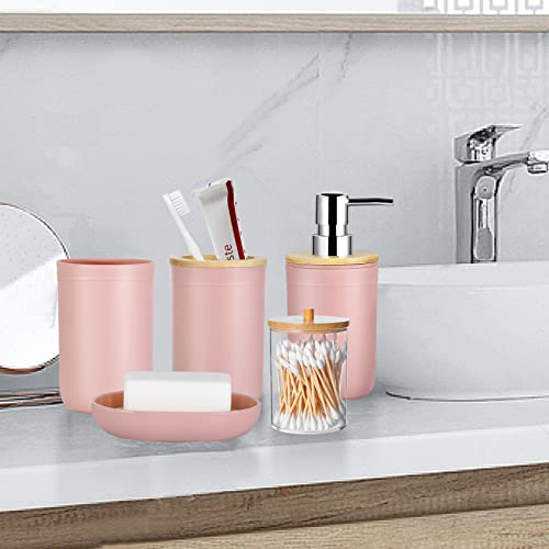 iMucci Bathroom Accessories Set 5Piece Plastic Bathroom Decor Sets Accessories, Toothbrush Holder, Toothbrush Cup, soap Dispenser, soap Dish(Pink Bamboo Cover)