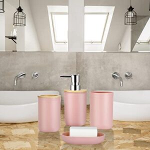 iMucci Bathroom Accessories Set 5Piece Plastic Bathroom Decor Sets Accessories, Toothbrush Holder, Toothbrush Cup, soap Dispenser, soap Dish(Pink Bamboo Cover)