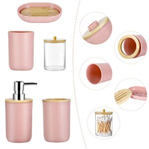 iMucci Bathroom Accessories Set 5Piece Plastic Bathroom Decor Sets Accessories, Toothbrush Holder, Toothbrush Cup, soap Dispenser, soap Dish(Pink Bamboo Cover)