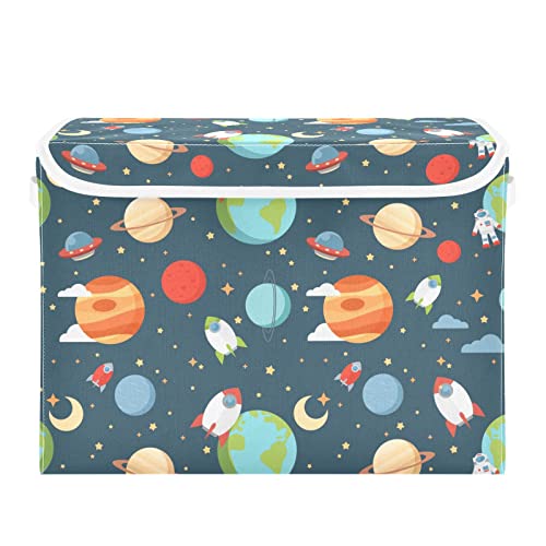 Krafig Cartoon Space Foldable Storage Box Large Cube Organizer Bins Containers Baskets with Lids Handles for Closet Organization, Shelves, Clothes, Toys