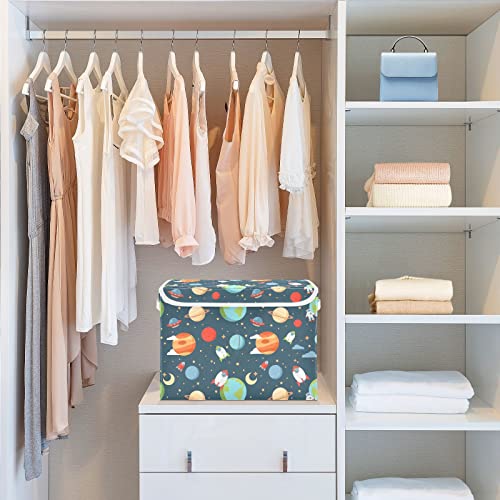 Krafig Cartoon Space Foldable Storage Box Large Cube Organizer Bins Containers Baskets with Lids Handles for Closet Organization, Shelves, Clothes, Toys