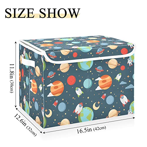 Krafig Cartoon Space Foldable Storage Box Large Cube Organizer Bins Containers Baskets with Lids Handles for Closet Organization, Shelves, Clothes, Toys