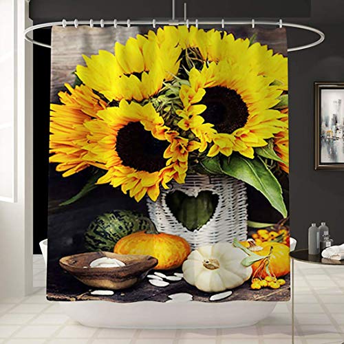 CNKOBE Sunflowers Shower Curtain Sets with Non-Slip Rugs, Toilet Lid Cover and Bath Mat, Curtains with 12 Hooks, Durable Waterproof Bath Curtain (A)