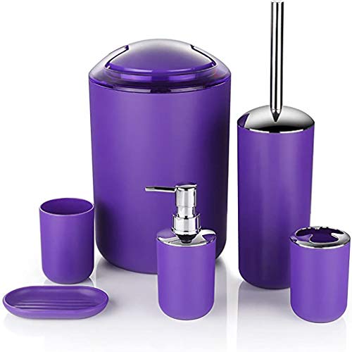 funwill Bathroom Accessories Set 6 Pieces Plastic Bathroom Accessories Toothbrush Holder, Rinse Cup, Soap Dish, Hand Sanitizer Bottle, Waste Bin, Toilet Brush with Holder(6 Colors) (Purple)