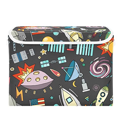 Krafig Abstract Cartoon Space Foldable Storage Box Large Cube Organizer Bins Containers Baskets with Lids Handles for Closet Organization, Shelves, Clothes, Toys