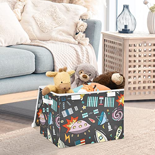 Krafig Abstract Cartoon Space Foldable Storage Box Large Cube Organizer Bins Containers Baskets with Lids Handles for Closet Organization, Shelves, Clothes, Toys