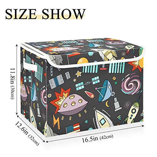 Krafig Abstract Cartoon Space Foldable Storage Box Large Cube Organizer Bins Containers Baskets with Lids Handles for Closet Organization, Shelves, Clothes, Toys