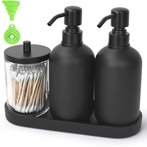 TAUVLL Black Bathroom Accessories Set,2 Pack Soap Dispenser,Clear Glass Qtip Holder with Lids,Vanity Tray for Organizing &Storing Kitchen Decor,Rustic Modern Bathroom Essentials 4pcs Set