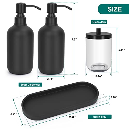 TAUVLL Black Bathroom Accessories Set,2 Pack Soap Dispenser,Clear Glass Qtip Holder with Lids,Vanity Tray for Organizing &Storing Kitchen Decor,Rustic Modern Bathroom Essentials 4pcs Set