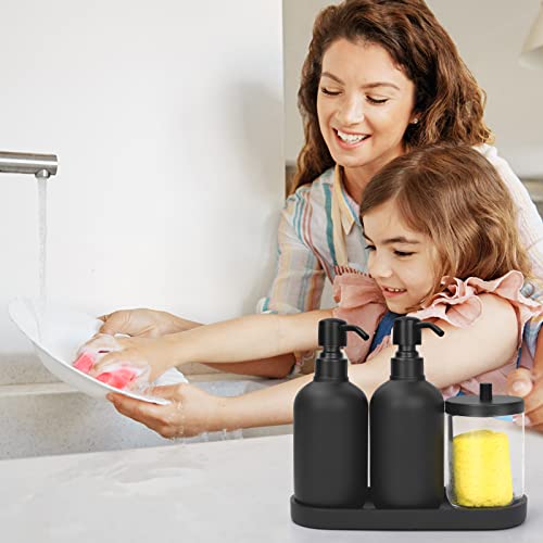 TAUVLL Black Bathroom Accessories Set,2 Pack Soap Dispenser,Clear Glass Qtip Holder with Lids,Vanity Tray for Organizing &Storing Kitchen Decor,Rustic Modern Bathroom Essentials 4pcs Set