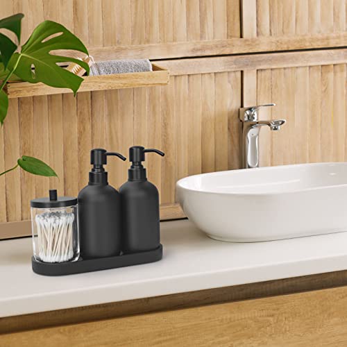 TAUVLL Black Bathroom Accessories Set,2 Pack Soap Dispenser,Clear Glass Qtip Holder with Lids,Vanity Tray for Organizing &Storing Kitchen Decor,Rustic Modern Bathroom Essentials 4pcs Set